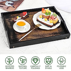 TURSTIN 2 Packs Bed Tray Bamboo Bed Trays Table with Folding Legs Breakfast in Bed Portable Food Serving Lap Tray with Handles for Eating Snack Laptop Working Bed Sofa Kitchen Bedroom, Black