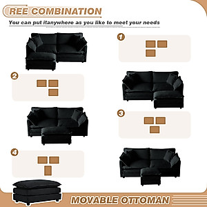 76.7" Small Black Sectional Couch with Ottoman, Deep Seat Luxury Modern Upholstered Modular Cloud Couch Sofa, L Shaped for Living Room Studio Apartment Office Corner Furniture Set, Fluffy Chenille