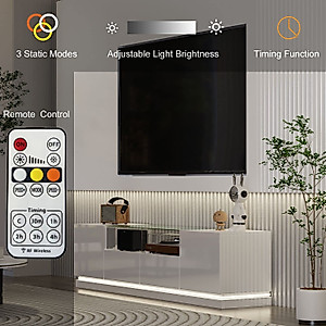 FAMAPY Modern TV Console Table with Lights & Glass Shelves, High Gloss TV Cabinet Media Console with Drawers and Doors, for Living Room White (66.9”W x 15.7”D x 17”H)