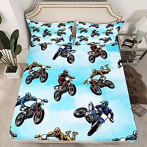 Erosebridal Dirt Bike Bed Sheet Twin Size, Extreme Sport Fitted Sheet for Kids Boys Teens, Motorbike Sport Bedding Set Motocross Rider Bedding Decor Set 2 Pieces with 1 Pillow Case, Blue