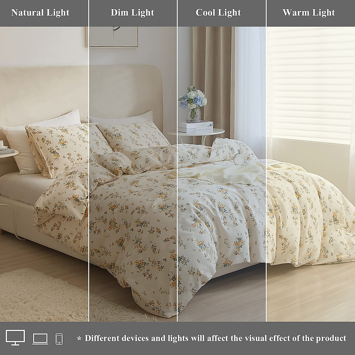 HANDONTIME Light Yellow Duvet Cover Yellow Rose Floral Queen Duvet Cover Set Botanical Floral Cotton Duvet Covers Green Leaves Lovely Bedding Set Comforter Cover with Zipper Ties, Spring Home Decor