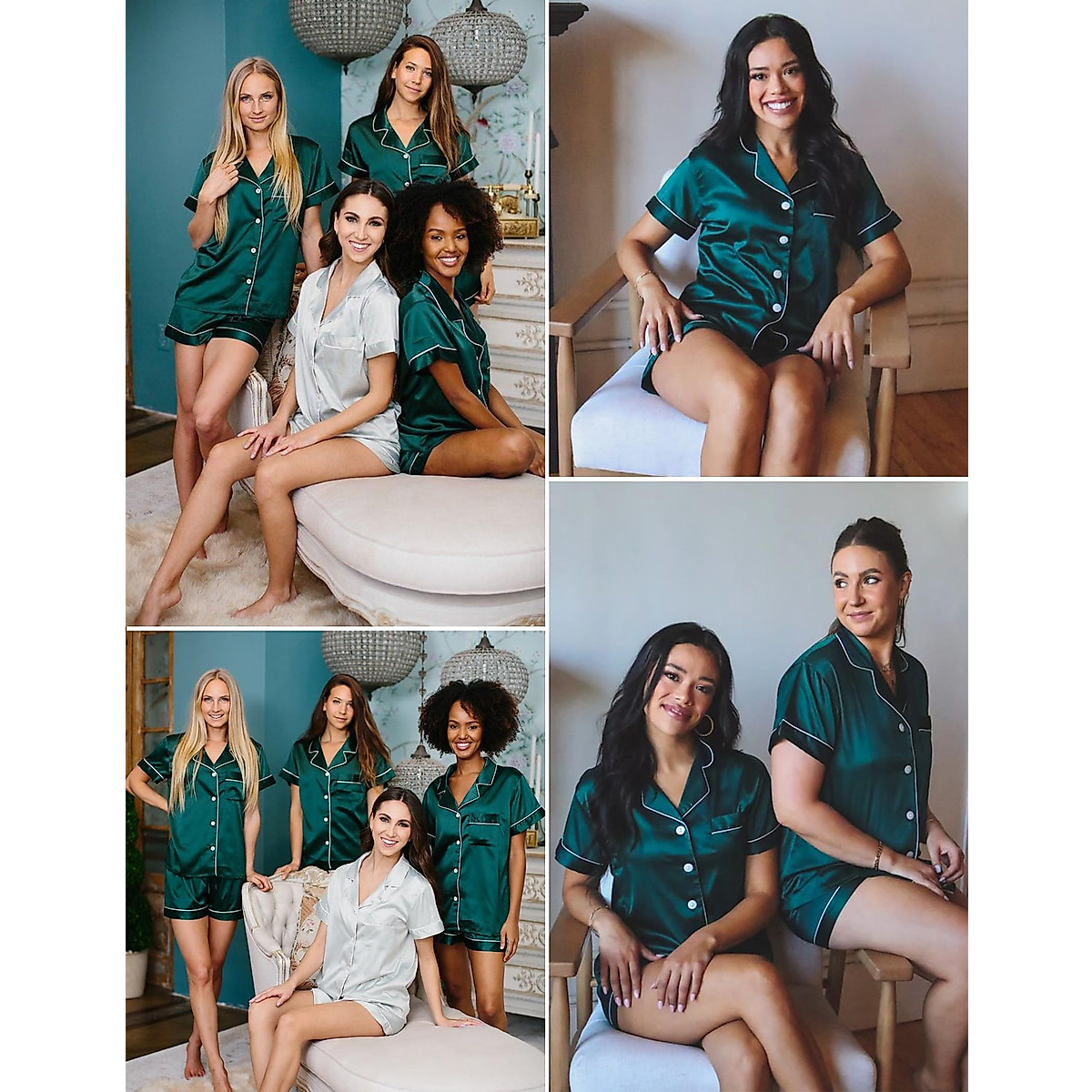 Gepansis Womens Summer Pajamas Sets Silky Satin Pj Set Button Down Short Sleeve Sleepwear Sets Dark Green X-Large