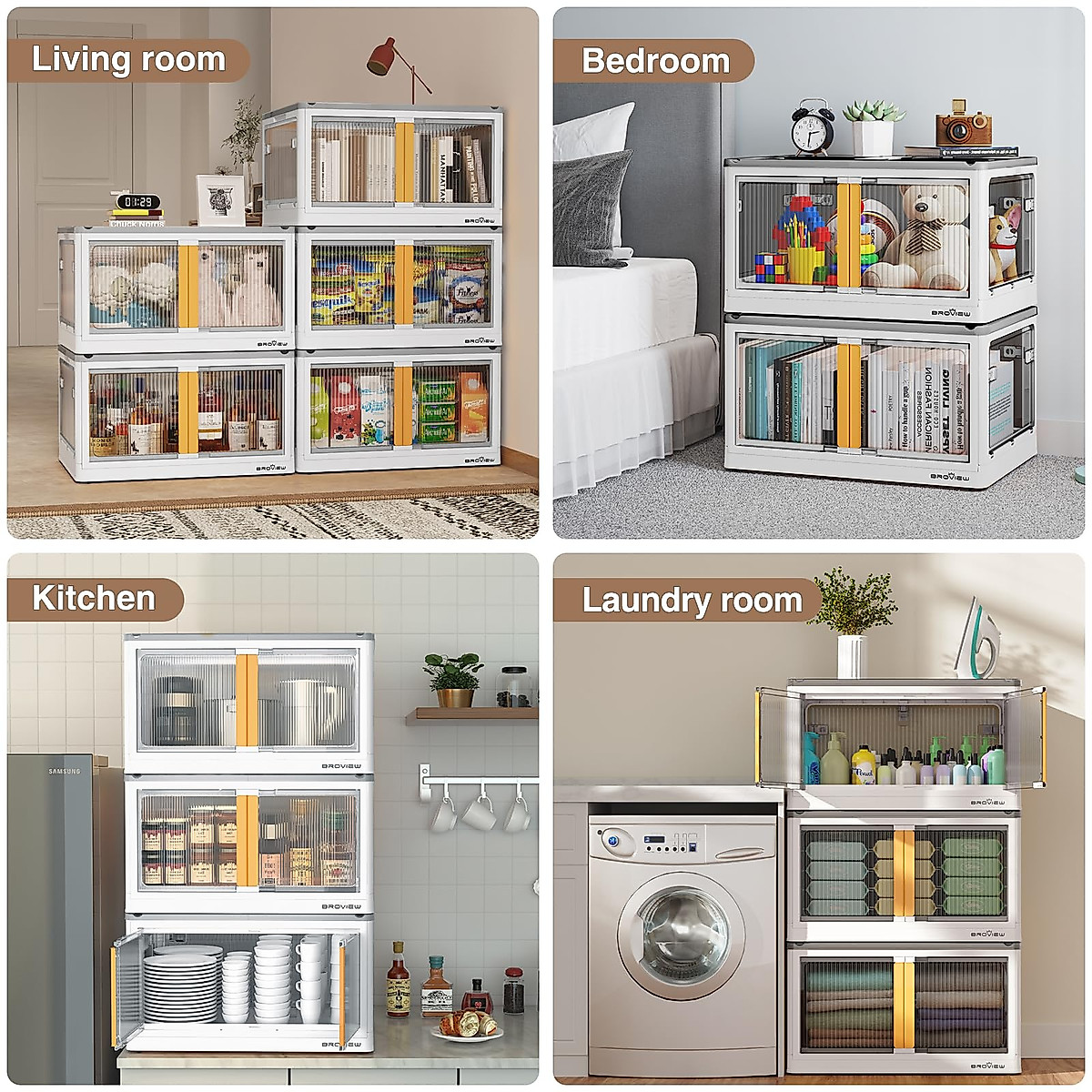 BROVIEW V5 75Gal Plastic Storage Bins with Lids, 3Pack Stackable Collapsible Storage Bins for Closet Organizers and Storage, Folding Storage Container Open Front Cabinets with Doors and Wheels, White