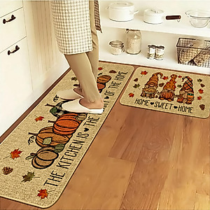 KORVITA Fall Kitchen Rugs - 2 Piece Thanksgiving Day Pumpkin Kitchen Mats The Kitchen is The Heart of The Home Non-Slip Rugs Home Sweet Home Decoration Doormat (17" x 29" + 17" x 47")