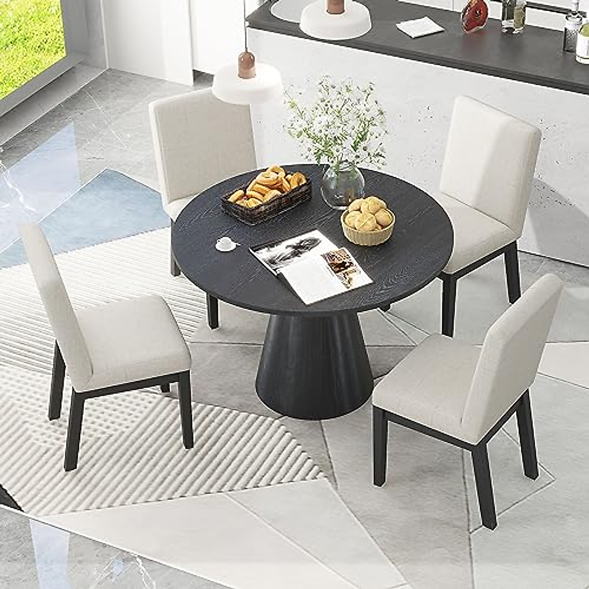 Voohek, Black 5-Piece Retro Simple Round Dining Table Set with Frustum Legs, and 4 Ergonomic Fabric Upholstered Chairs, Solid Wood Kitchen Furniture for 4 People, Small Space