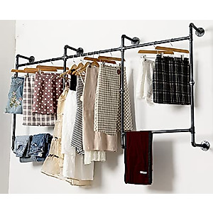 ZYUXUAN Industrial Wall Clothes Rack, Heavy-Duty Clothing Rack, Pipe Style Garment Rack with Four Hanging Rods for Home, Laundry Room, Retail Store, Rustic Black (five hanging rods)
