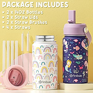 Fimibuke Kids Insulated Water Bottle - 14oz BPA-FREE Double Wall Vacuum Tumbler 18/8 Stainless Steel Leak Proof Kids Cup with Straw Metal Water Bottle for School Boy Girl (2 Pack, RAINBOW+MERMAID)