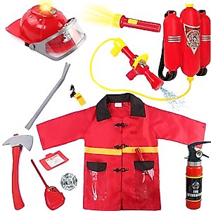 Liberty Imports 12 Piece Kids Fireman Costume Gear Firefighter Chief Dress Up Clothes for Role Play Toy Set with Backpack Water Gun, Fire Extinguisher and Accessories
