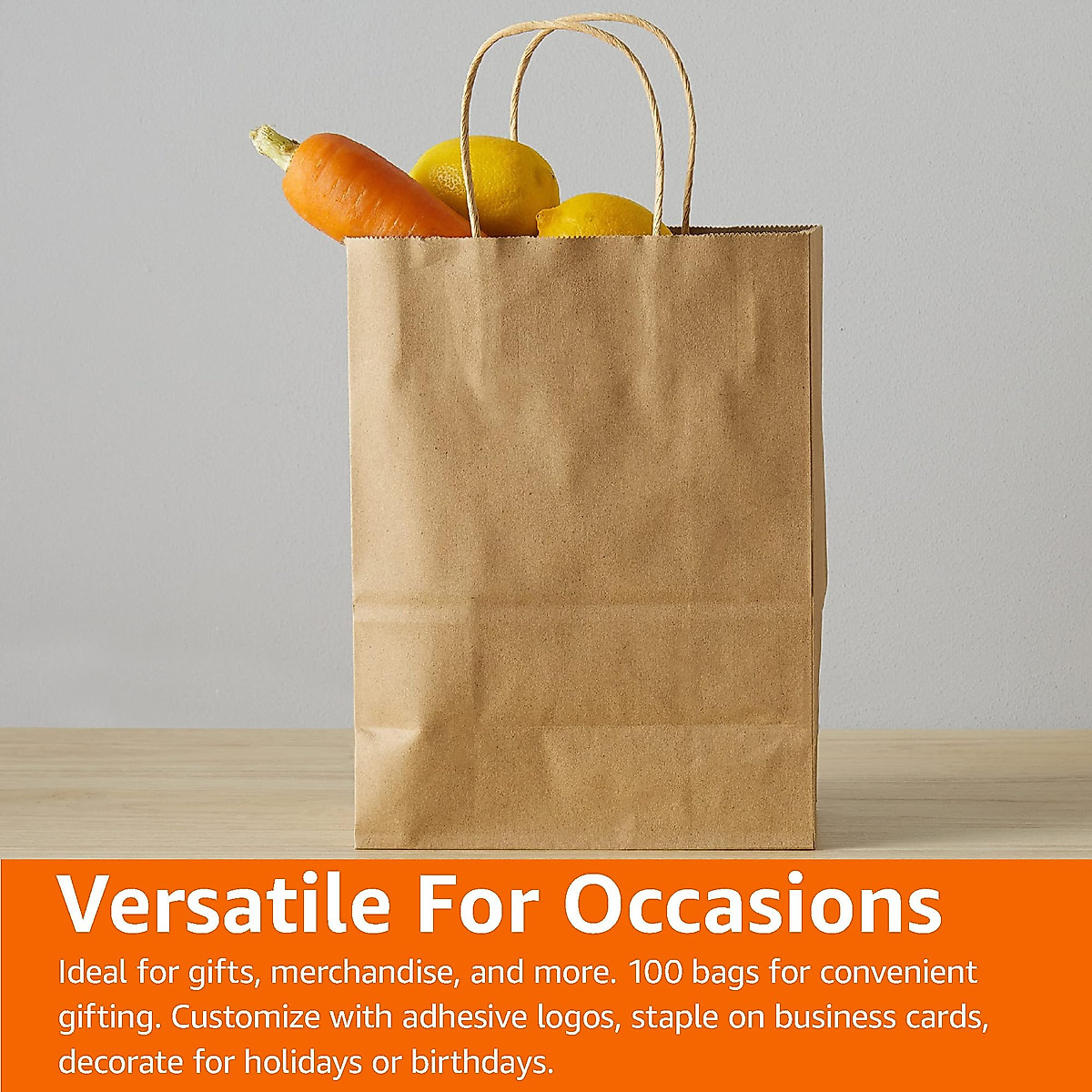 Amazon Basics Kraft Paper Gift Bags with Handles 8x4.25x10.5 Brown, 100 Pack