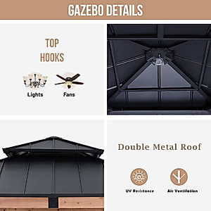 ABCCANOPY Wood Gazebo 11x11 - Outdoor Patio Wooden Gazebo with Hardtop Metal Double Roof for Garden, Backyard and Deck (Double Roof)