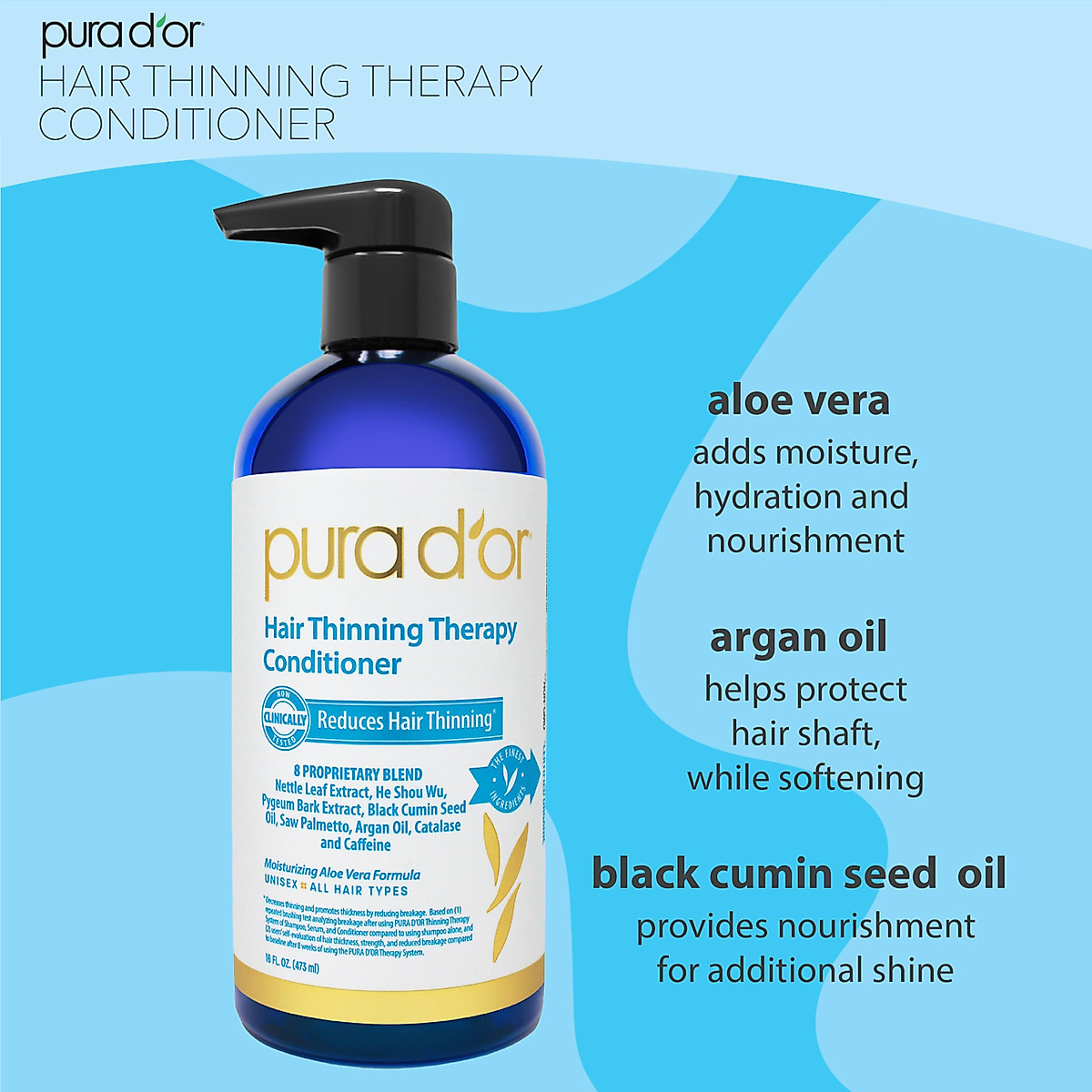 PURA D'OR 16 Oz Hair Thinning Therapy Biotin Conditioner, CLINICALLY TESTED Effective Results, Low Lather Deep Moisturizing Herbal DHT Blocker Hair Thickening Products For Women & Men, Color Safe