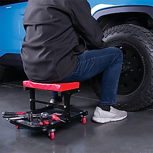 Performance Tool W85021 Folding C-Frame Creeper Rolling Work Seat with Tool Tray for Mechanic Garages and Workshops, Black/Red, 12.5-inch Height