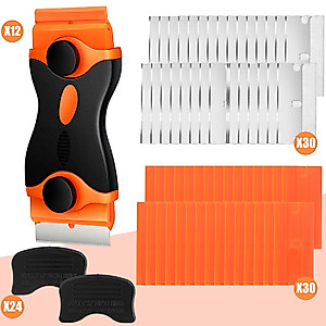 WILLBOND 72 Pcs Double Razor Blade Scraper Tool Set 12 Pcs 2 in 1 Razor Scraper Remover 60 Pcs Metal and Plastic Blades for Decal, Sticker, Label, Caulk Adhesive, Paint Stovetop, Subfloor (Orange)