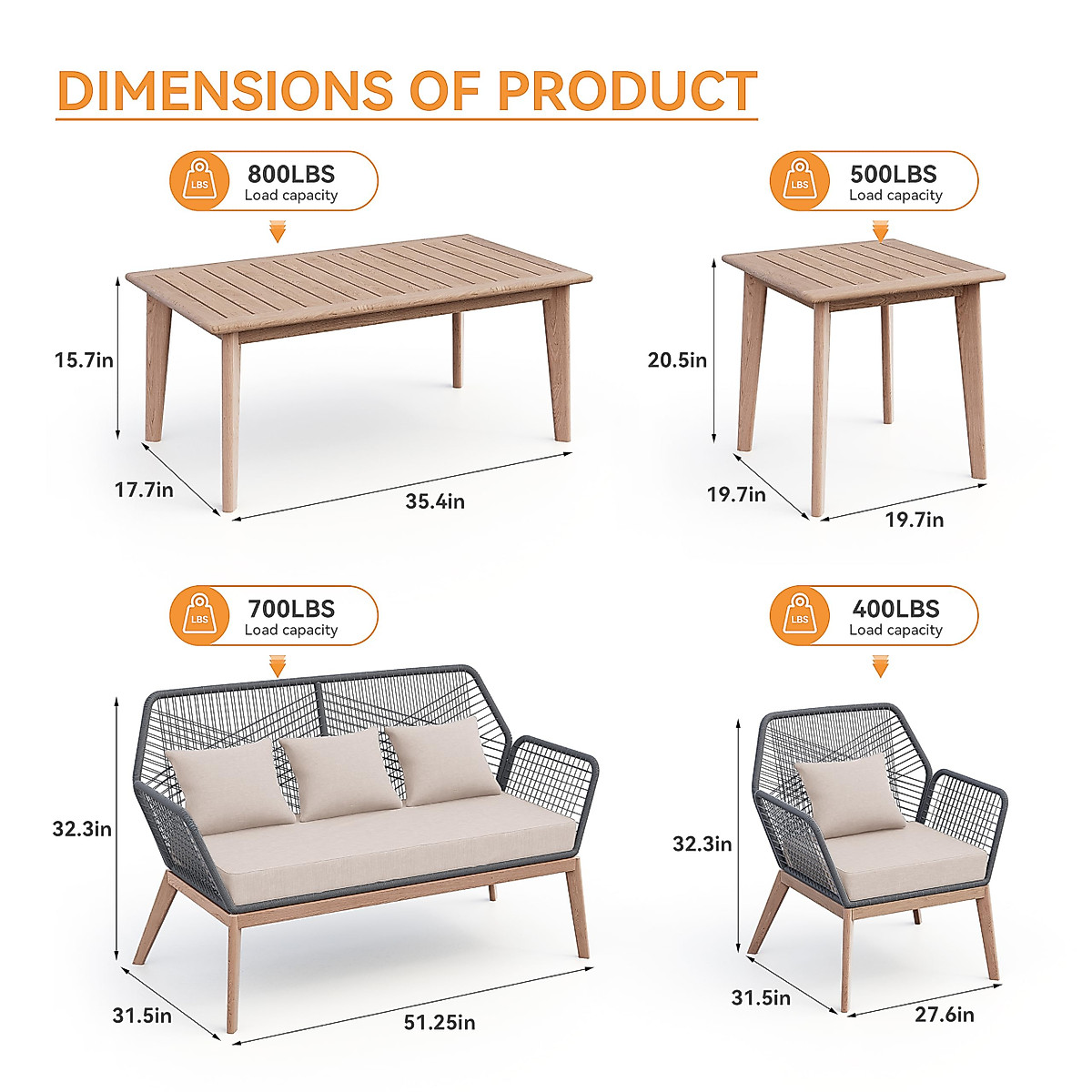 ASJMR 5-Piece Patio Furniture Set, Solid Wood Woven Rope Set Balcony Modern Outdoor Living Room All-Weather Set, Suitable for Backyard, Swimming Pool, Deck, Garden