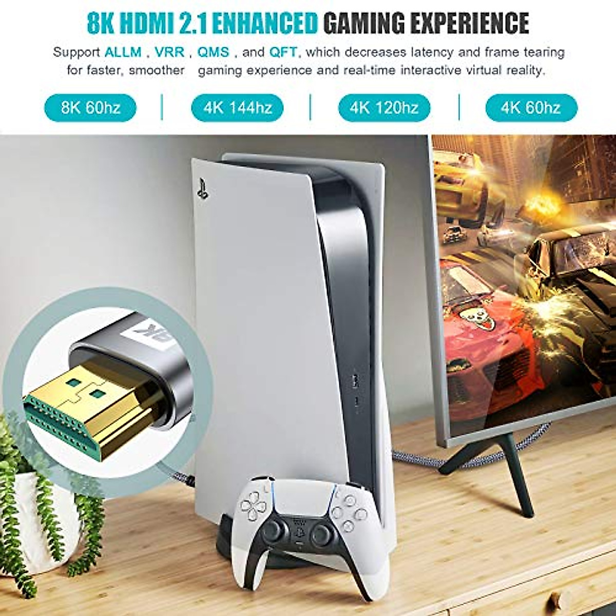 sweguard HDMI Cable 6.6ft [8K@60hz, 4K@144Hz 120Hz], 8K HDMI 2.1 Cable Ultra High Speed 48Gpbs DTS:X eARC HDR10 HDCP 2.2 & 2.3 Dolby Compatible with Roku TV PS5 PS4 Xbox HDTV Blu-ray&Monitor