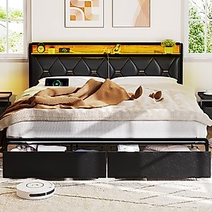 Ailisite King Size Bed Frame with Headboard and Storage Drawers, Black Upholstered Bed Frame King with Charging Station, Led King Platform Bed Frame Metal Bed Frame, No Box Spring Needed,Easy Assembly