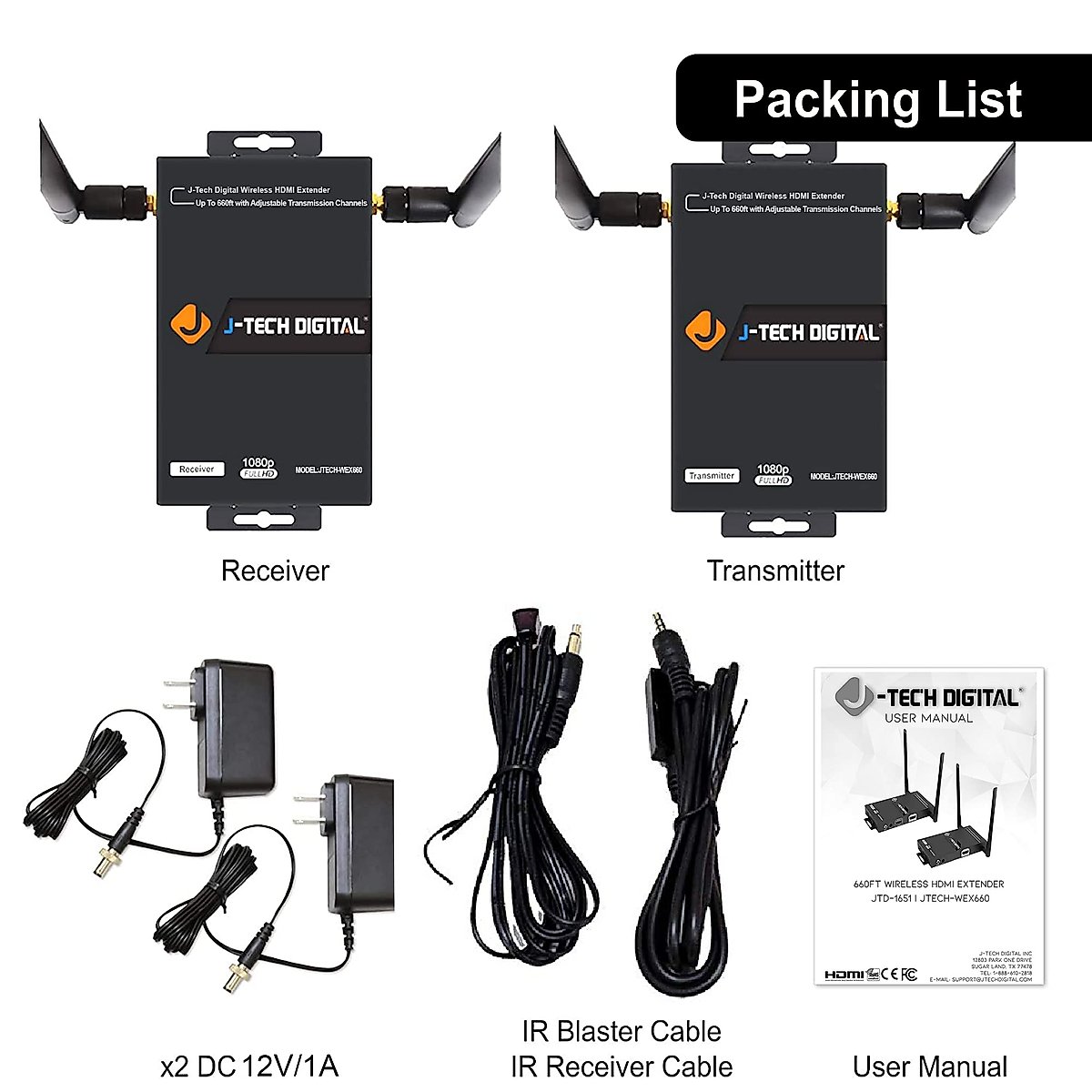 J-Tech Digital Wireless HDMI Extender 1080p up to 660 ft Extension, Transmitter & Receiver Kit Selectable Frequencies to Limit Interference, IR Remote Control (up to 4 Sets)