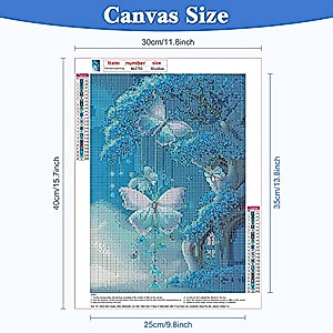Lxmsja 5D Diamond Art Painting, Blue Tree Diamond Painting Kits for Adults, DIY Full Drill Crystal Rhinestone Butterfly Arts and Crafts, Gem Art Painting with Diamond Home Wall Decor (11.8X15.7inch)