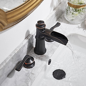 Homevacious Widespread Bathroom Faucet Oil Rubbed Bronze Waterfall 2-Handle with Pop up Drain Assembly Farmhouse 3 Holes 8-16 Inch Sink Rustic Mixer Tap Overflow Commercial Supply Lead-Free