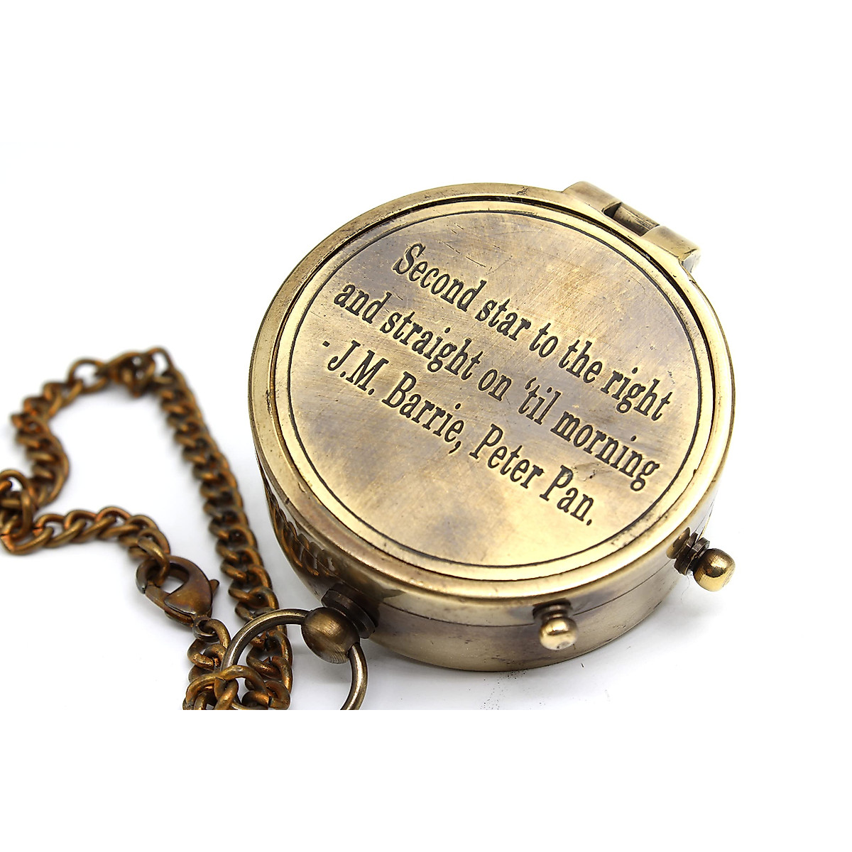 Second Star to The Right J. M. Barrie, Peter Pan Engraved Brass Compass for Anniversary, Birthday, Graduation Day, Confirmation Gift, Valentine Gift Parting Gift with Wooden Case.