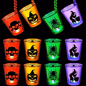 Henoyso 12 Pcs Light up Halloween Shot Glass on Beaded Necklace Plastic LED Shot Glasses Shot Cups Glow in the Dark Halloween Shot Glass Necklaces for Halloween Party Favors Decorations Supplies