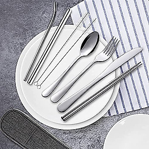Reusable Utensils Set with Case Portable Travel Utensils Cutlery Set Stainless Steel Flatware Set for Camping 8pcs Including Dinner Knife Fork Spoon Chopsticks Boba Straw (Silver)