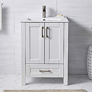 Popity home 24 Inch Small Bathroom Vanity with Sink, Modern White Bathroom Vanity, Wood Standing Bathroom Vanity Set with Ceramic Vessel Sink 2 Doors 1 Drawer