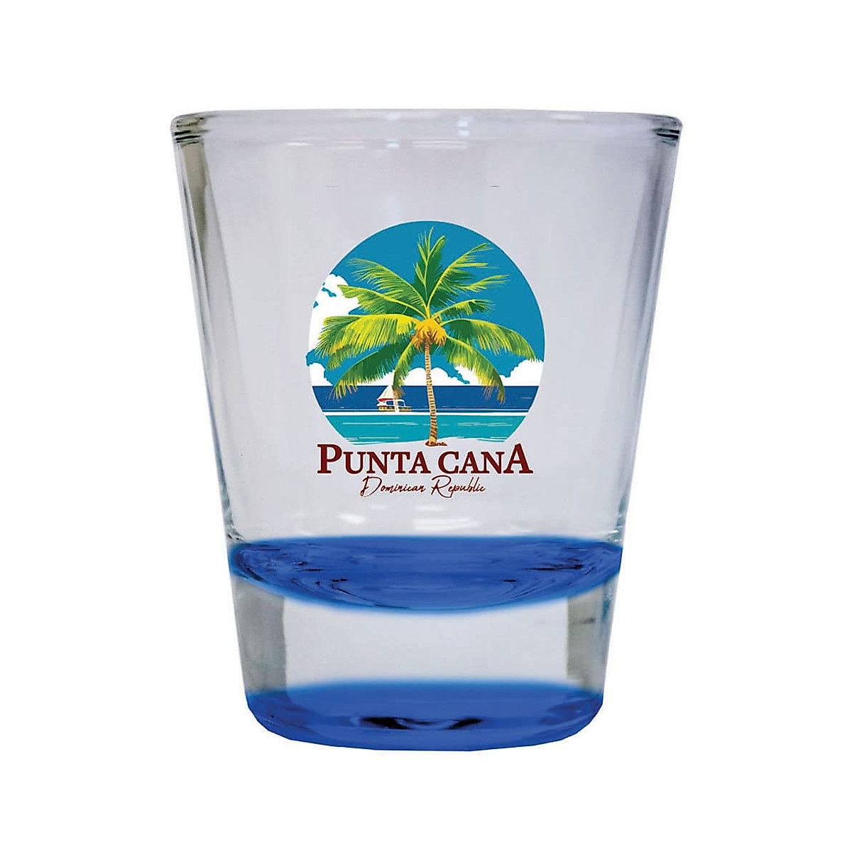 R and R Imports Punta Cana Dominican Republic Souvenir 1.5 Ounce Shot Glass Round PALM blue