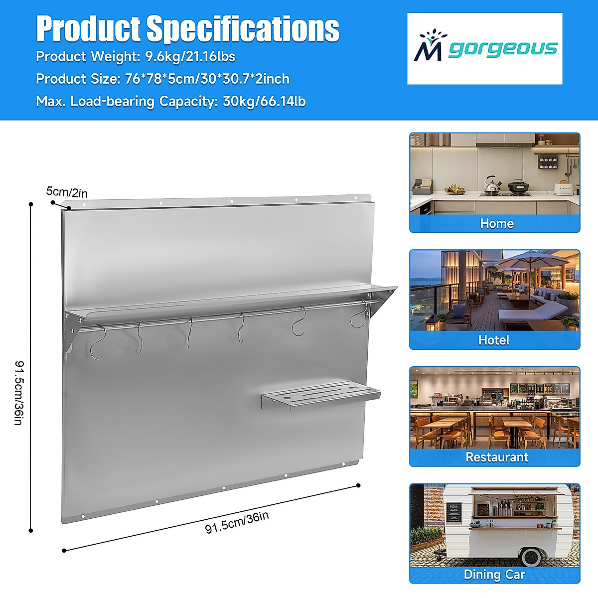 Range Backsplash with Shelf 30 x 30.7 Inch Range Hood Wall Shield Max. 66.14 lbs Load Capacity Stainless Steel Backsplash with Built-in Storage Shelf and Hanging Rack for Kitchen Home Restaurant