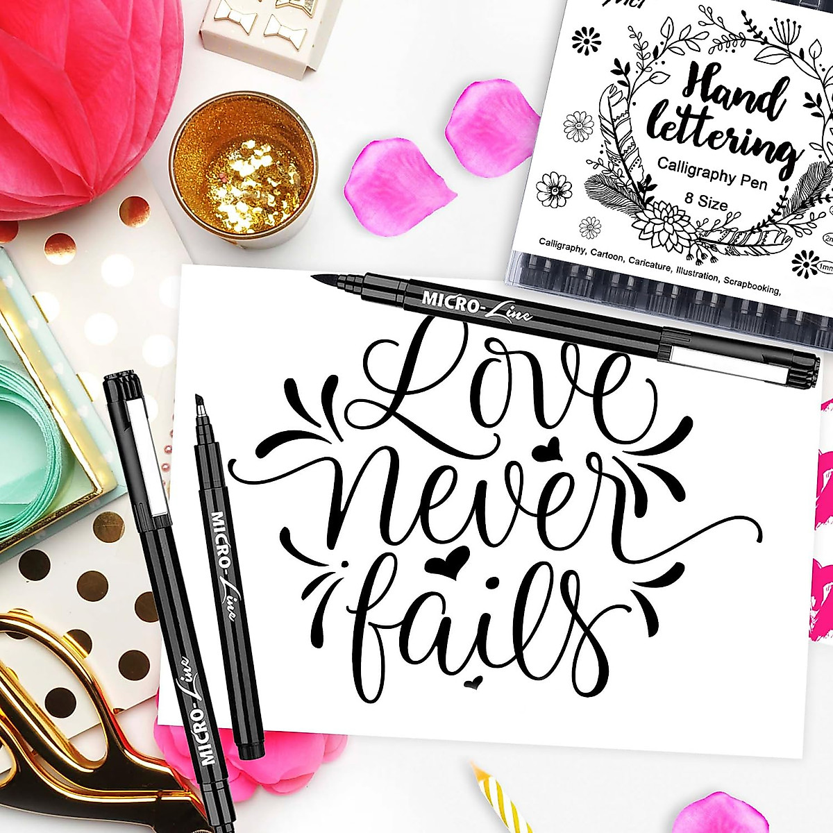 Dyvicl Hand Lettering Pens, Calligraphy Brush Pens Art Markers for Beginners Writing, Sketching, Art Drawing, Illustration, Scrapbooking, Journaling, Black Ink Pen Set, 8 Sizes