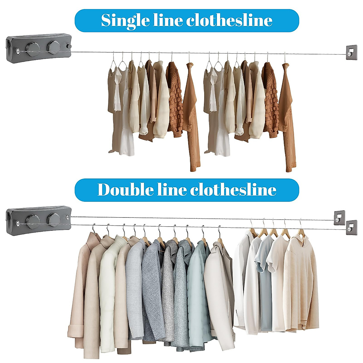 Retractable Clothesline Indoor Outdoor, Clothes Line Retracting, Double Retractable Clothes Lines, Wall Mounted Clothes Drying Line, Non-Sagging Stainless Steel Linefor Hanging Clothes with 16.7ft