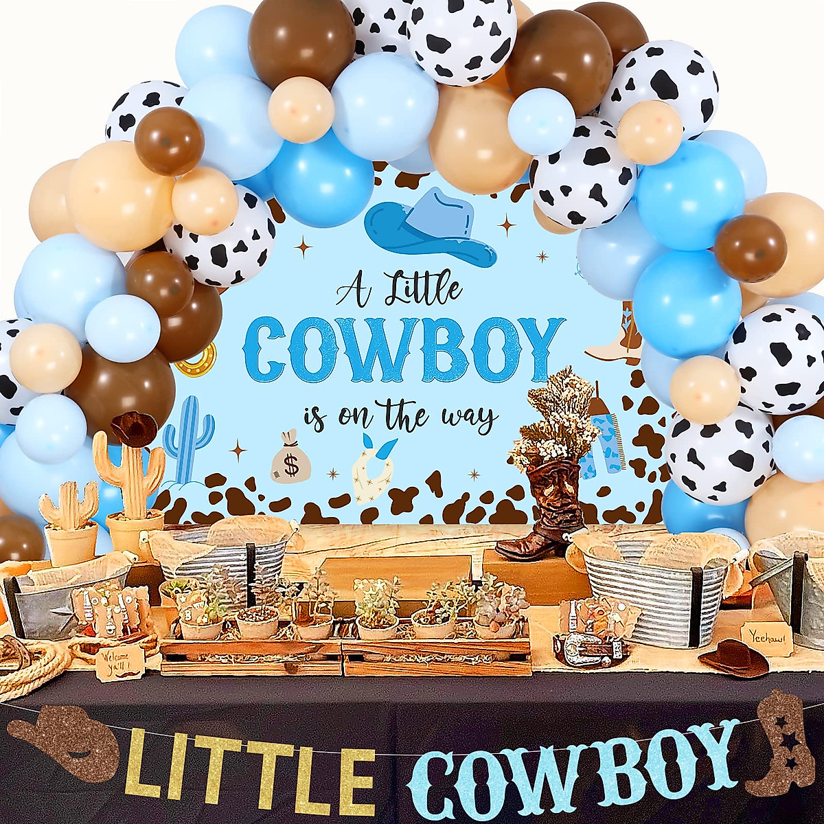 JOYMEMO Blue Brown Cowboy Baby Shower Decorations for Boy, Western Cowboy Balloon Garland Kit with A Little Cowboy is On The Way Backdrop, Wood Baby Shower Boxes, Wild West Baby Shower Supplies