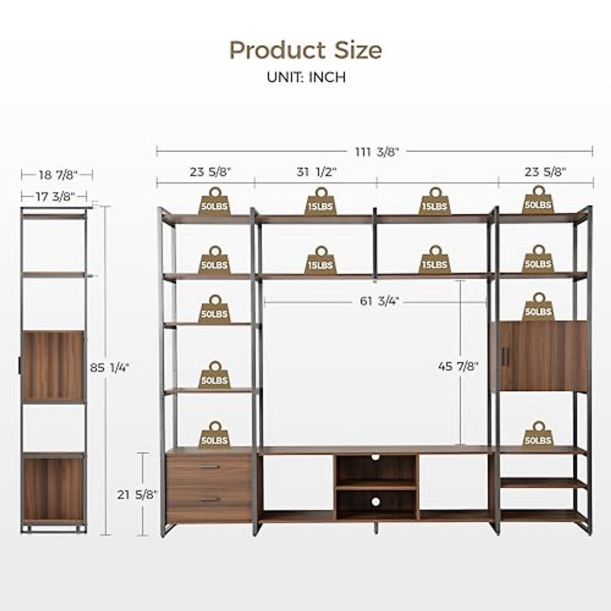 EUREKA ERGONOMIC Entertainment Center, TV Stand with Drawers Cabinet Storage Bookshelves, 111 Inch Wide Modern Media Console Cabinet for 65" TV Walnut Veneer Metal TV Console Table for Living Room