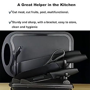 Knife Sets, 7 Pieces Black Kitchen Knife Set with Stainless Steel Kitchen Knife, Melon Planer, Holder, Chopping Board/Professional Kitchen Chef Knives Set for Hotel, Family