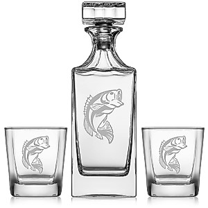 Whiskey Decanter Gift Set With 2 Whiskey Old Fashioned Rocks Glasses Bass Fish