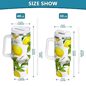 RPLIFE Bright Yellow Lemons White 40 Oz Tumbler, Stainless Steel Tumbler with Straw, Tumblers for Women