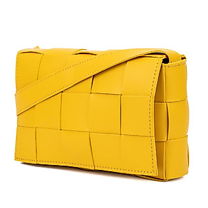 Olivia Miller Women's Fashion Ainsly Yellow Mustard Woven Faux PU Leather w Front Flap, Small Cassette Crossbody Bag w Adjustable Shoulder Strap, Casual Trendy Purse Handbag