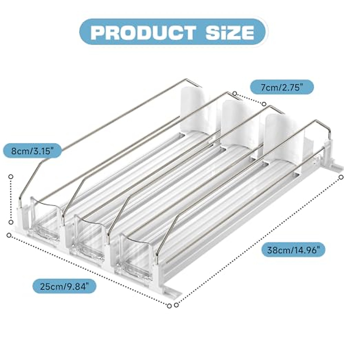 iklestar Upgrade Drink Organizer for Fridge, Self-Sliding soda Can Dispenser for Refrigerator and Adjustable Width, 12oz to 20oz holds 15+ Cans(3 Rows, 38 CM)
