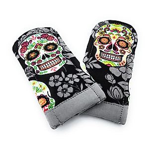Sugar Skull Themed Pot Handle Holder Set of 2 Pair Cast Iron Skillet Pan Mitt Día de Muertos Kitchen Linens Day of the Dead Quilted Hot Pads Insulated Trivets Handmade