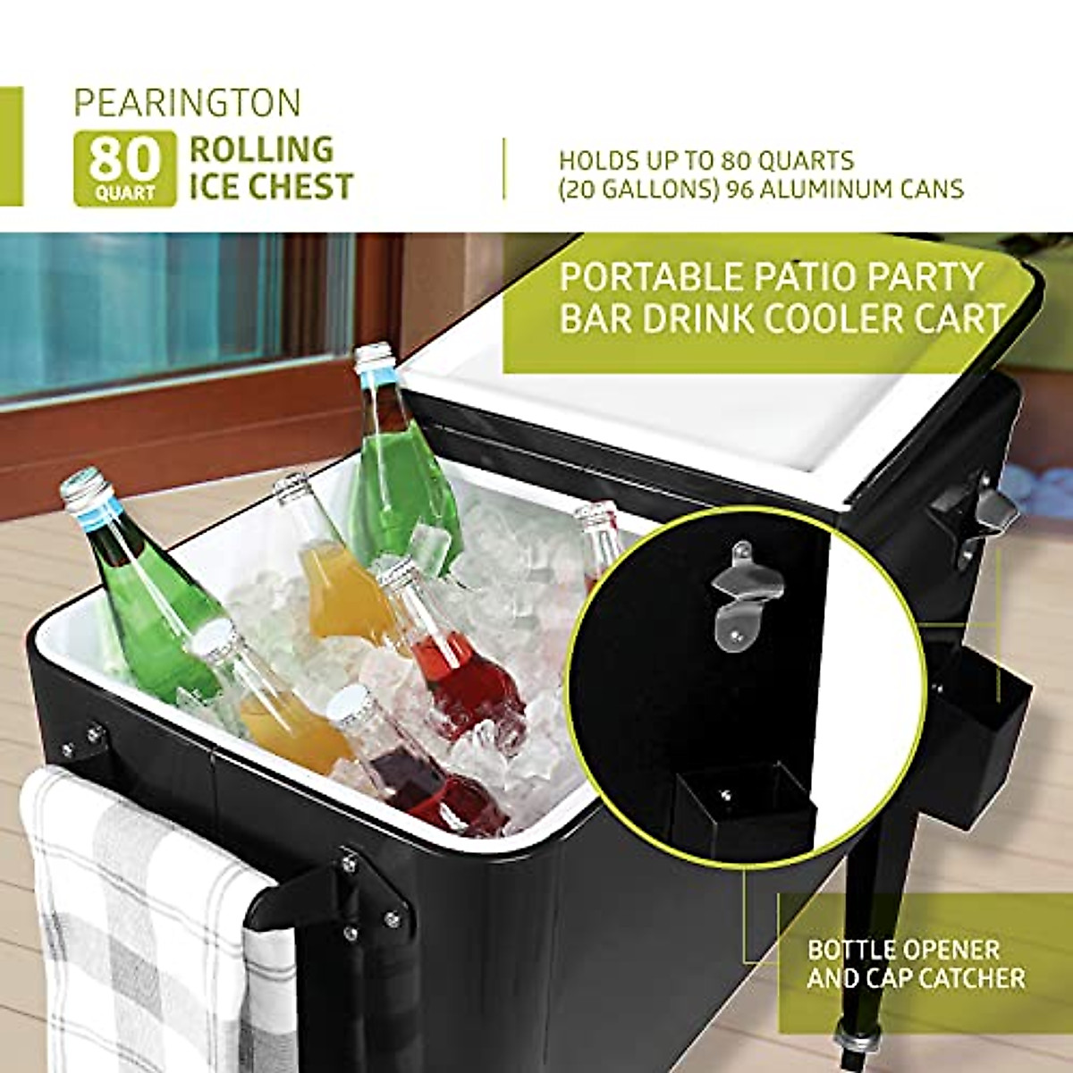 Pearington 80 Quart Rolling Ice Chest, Portable Patio Party Bar Drink Cooler Cart, Beverage Pool with Bottle Opener, Onyx