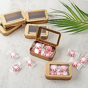 Restaurantware RW Base 4.5 Ounce Rectangular Tin Containers 10 Durable Tin Boxes With Lids - Clear Window Lids Rounded Edges Gold Tin Storage Containers Customizable Fits Mints Or Pills