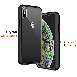 JETech Case for iPhone Xs and iPhone X 5.8 Inch with Built-in Screen Protector Anti-Scratch, 360 Degree Full Body Rugged Phone Cover Clear Back (Black)