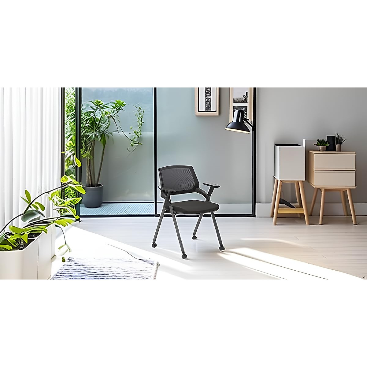 CLATINA Mesh Guest Reception Stack Chairs with Caster Wheels and Arms for Office School Church Conference Waiting Room Black