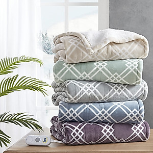 Serta Reversible Fleece to Sherpa Electric Blanket Fast Heating Soft Cover, Safety Auto Shut Off Timer, Low EMF, Multi Heat Setting, ETL Certified, Machine Washable, Purple Geo Throw (50"x 60")