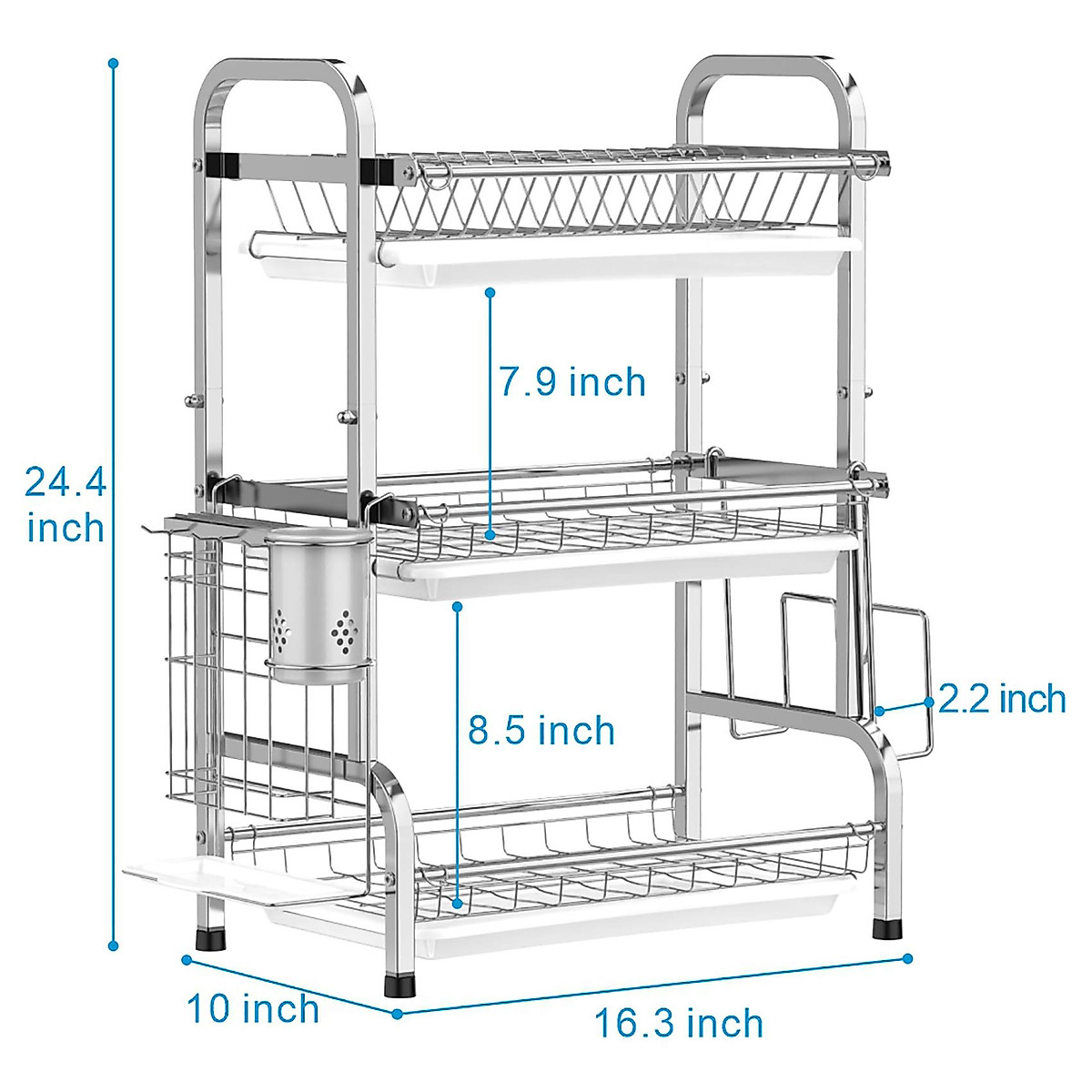 GSlife Dish Drying Rack, Stainless Steel 3 Tier Dish Rack with Tray Utensil Holder, Large Capacity & Rustproof Dish Drainer for Kitchen Counter, Silver
