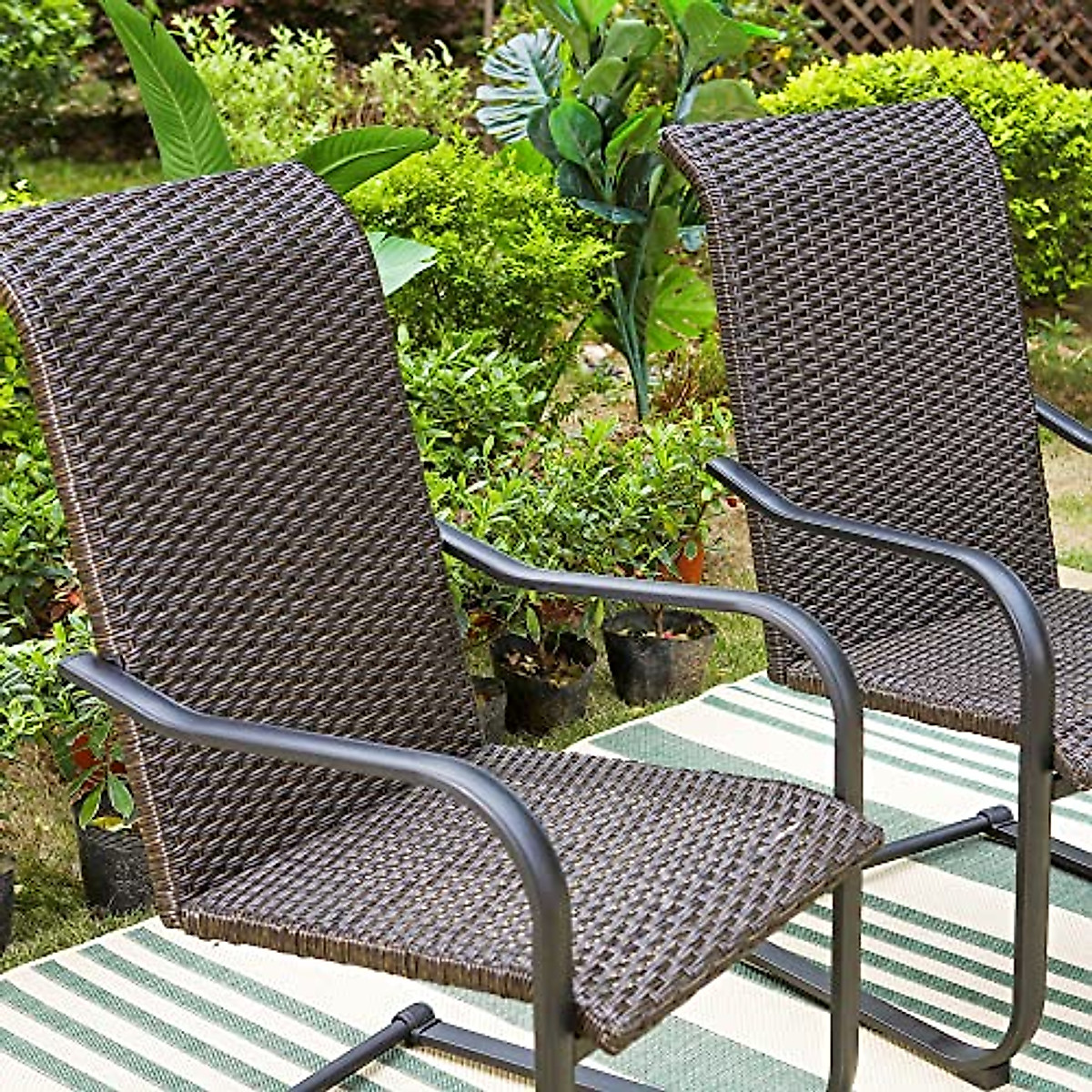 PHI VILLA Outdoor Patio C Spring Rattan Chairs, 4 Pieces High Back Wicker Dining Chair with Metal Frame for Patio, Deck, Porch - Brown