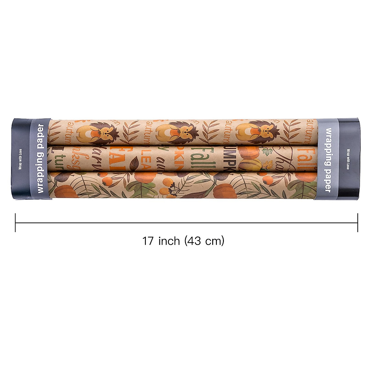 WRAPAHOLIC Kraft Fall Wrapping Paper - Mini Roll - 3 Rolls - 17 Inch x 120 Inch - Pumpkin, Hedgehog and Thanksgiving Lettering Design for Thanksgiving, Autumn, Party, Holiday