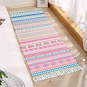 Lacomfy 2PC Cotton Area Rug Sets Pink Boho Printed Tassels Door Mat 2'x3'+2'x4.3' Hand Woven Outdoor Runner Rugs Washable Braided Rug for Kitchen Entryway Bathroom Laundry Room