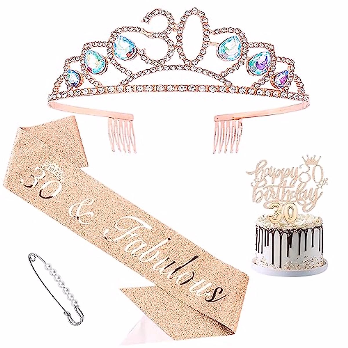 Jaciya 30 Birthday Decorations for Women Rose Gold Birthday Crown 30 & Fabulous Sash and Pearl Pin Happy 30 Birthday Cake Topper 30 Year Old Birthday Gifts for Women Party Favor Supplies