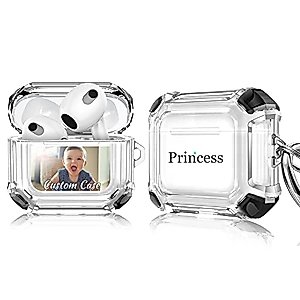 AnNengJing Custom Photo Name AirPods 3 Case with Keychain,Personalized Soft Clear TPU AirPods 3rd Gen Case Cover (Black)